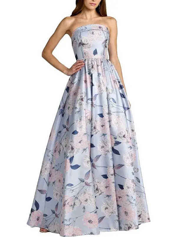 Mac Duggal Floral Brocade Strapless A-line Ballgown - Blue Multi