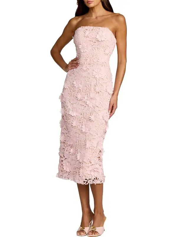 Mac Duggal Strapless Lace Midi Dress With Floral Detail - Blush