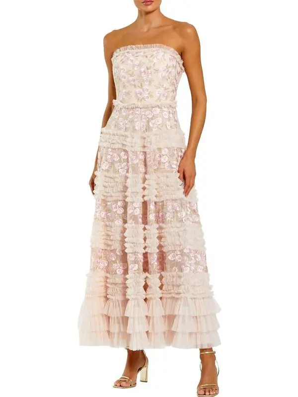 Mac Duggal Floral Embroidered Strapless Ruffle Midi Dress - Blush Multi
