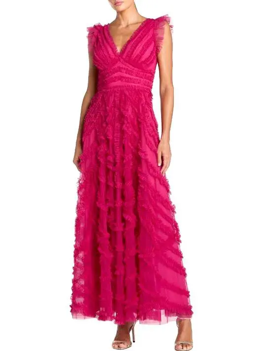 Mac Duggal V-neck Ruffle Maxi Dress - Fuchsia