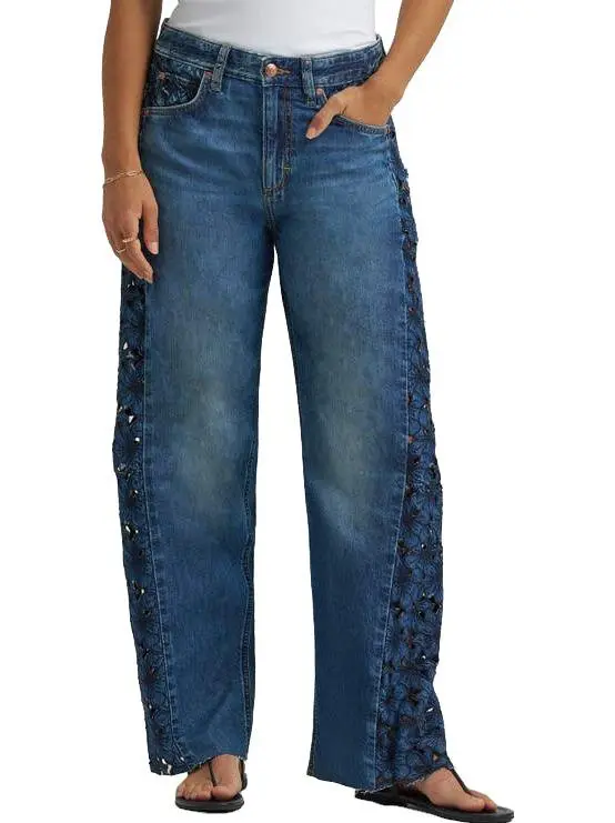 LEEM Rider™ Embroidered Raw Hem Barrel Jeans - Blue Royalty