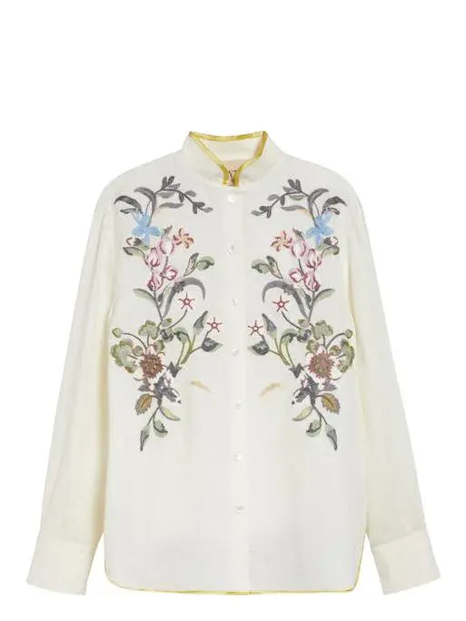 Valentino Garavani Floral Embroidered Linen Button-up Shirt - Ivory/multi