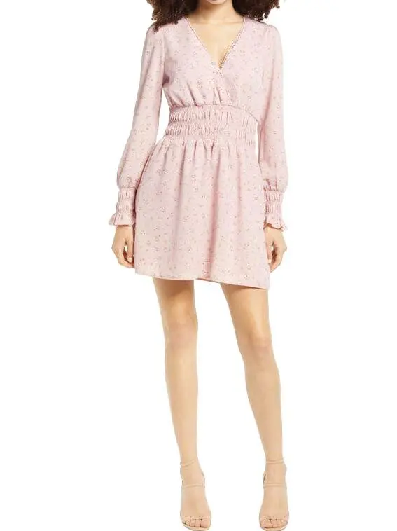WAYF Delancy Smocked Waist Mini Dress - Pink Puff Daisy Ditsy