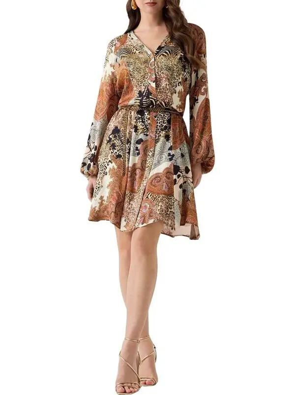 MARCIANO Gwenda Long Sleeve Mixed Print Dress - Brown Multi
