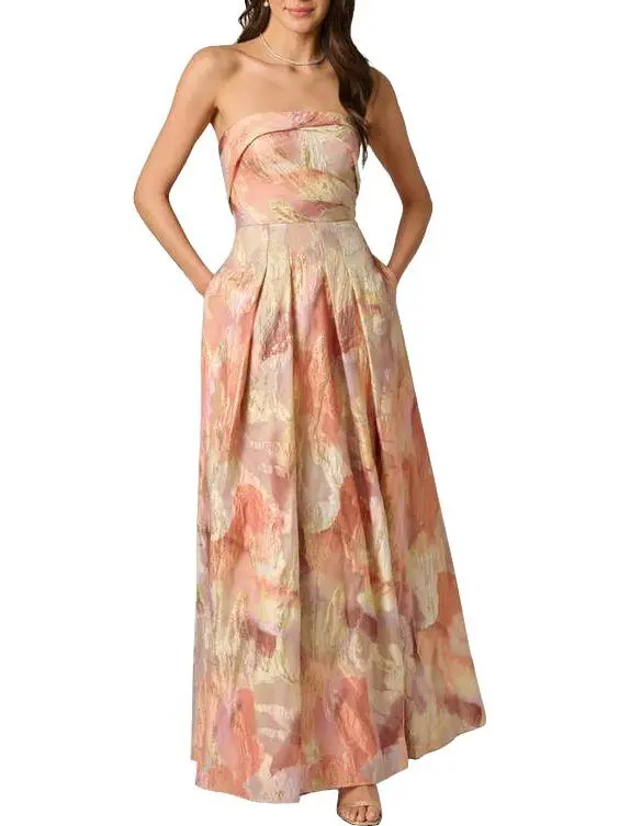 Aidan Mattox Floral Print Metallic Jacquard Gown - Coral Multi