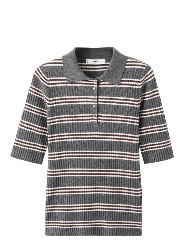 Mango Striped Ribbed Polo Sweater - Medium Heather Grey