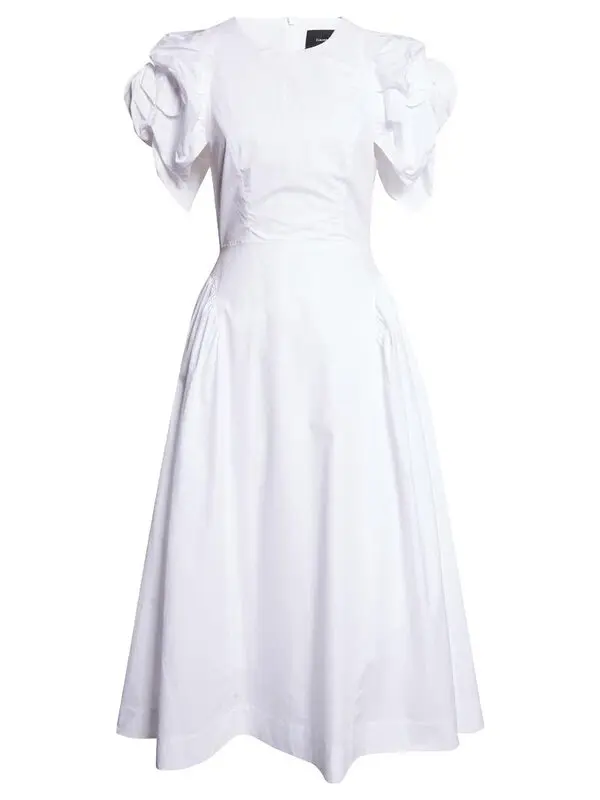 Simone Rocha Rosette Puff Sleeve Cotton Poplin Midi Dress - White