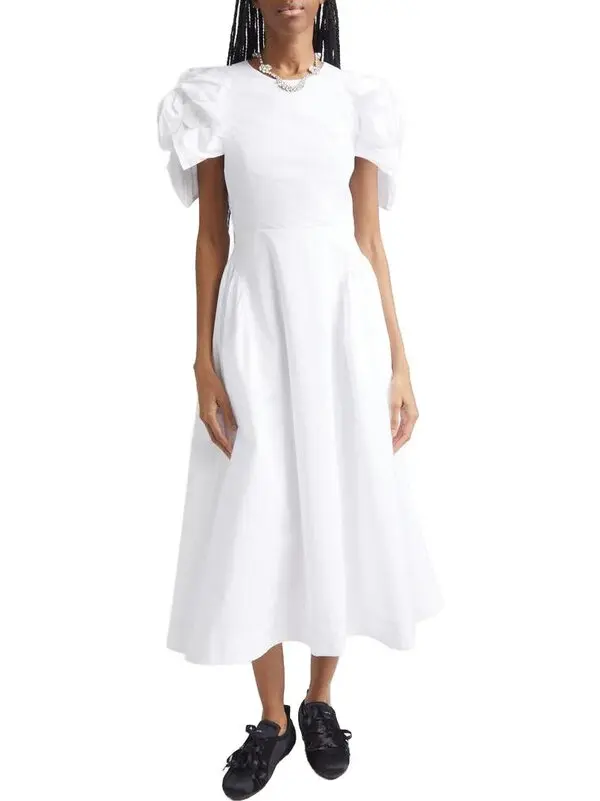 Simone Rocha Rosette Puff Sleeve Cotton Poplin Midi Dress - White