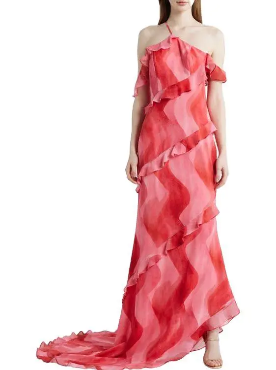 SONYA MODA Wioletta Ruffle Asymmetric Gown - Coral Swirl
