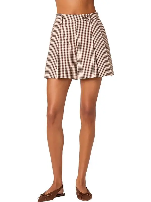 Astr The Label Gingham Pleated High Rise Shorts - Brown Checker