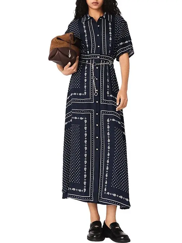 Maje Bandana Chain Belt Shirt Dress - Navy Polka Dot Bandana Print