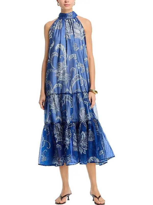 NANCY YANG Paisley Halter Midi Dress - Navy
