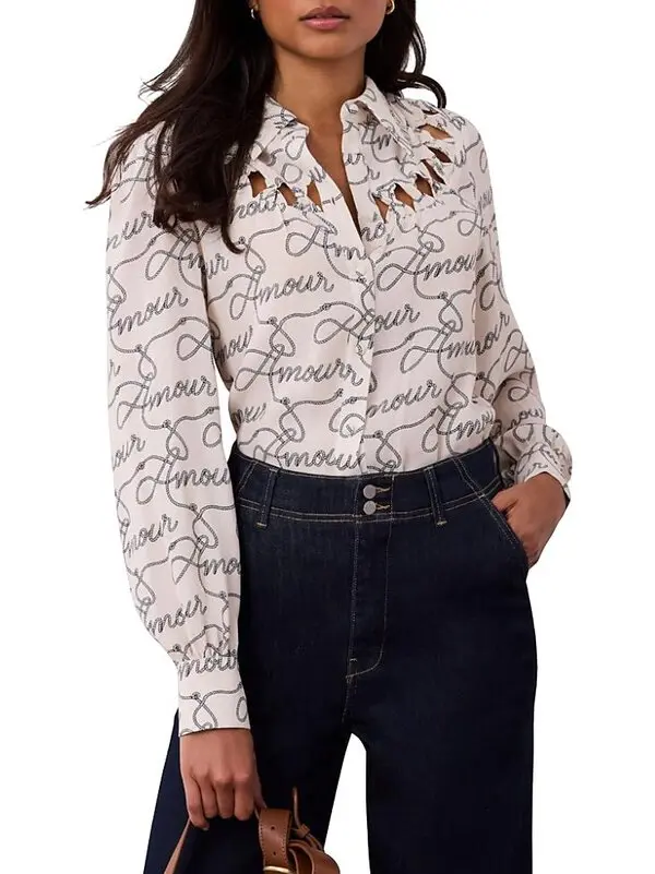 Mint Velvet Amour Print Bow Shirt - Cream