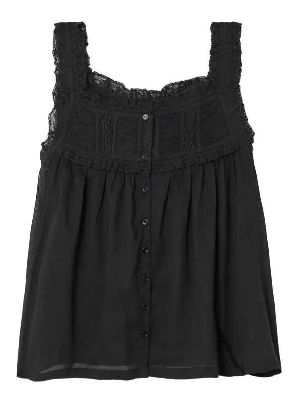 DÔEN Fidella Cropped Lace-trimmed Organic Cotton-voile Top - Black