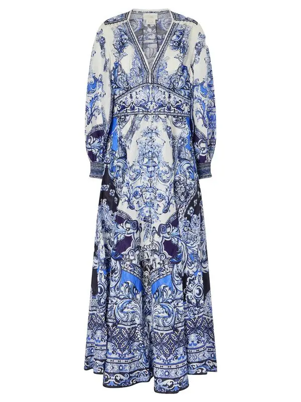 Camilla Crystal-embellished Printed Linen And Silk-blend Maxi Dress - Blue