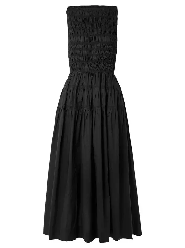 DÔEN Shirred Paneled Pleated Organic Cotton-poplin Midi Dress - Black