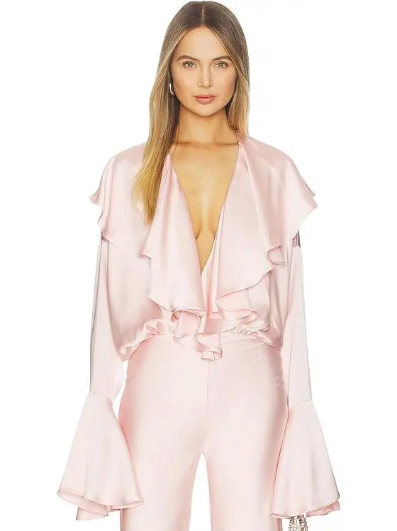 Norma Kamali Long Sleeve Deep V Ruffle Bodysuit - Ballet Pink