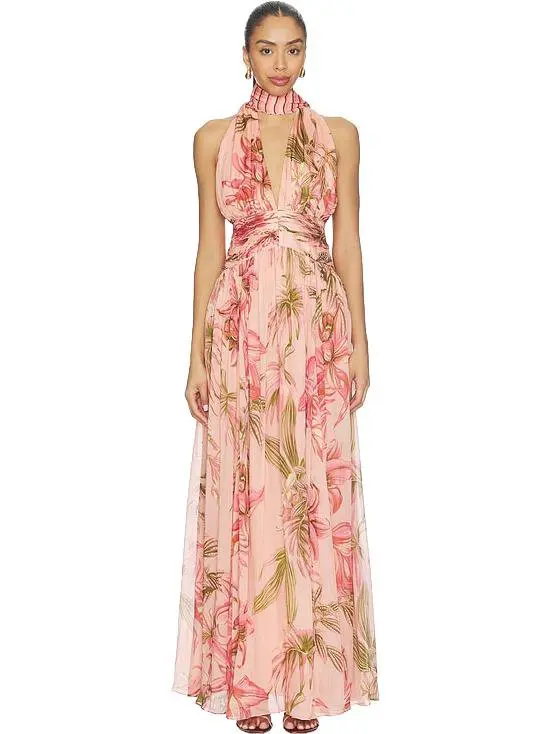 Rococo Sand Ruched Sash Maxi Dress - Peach
