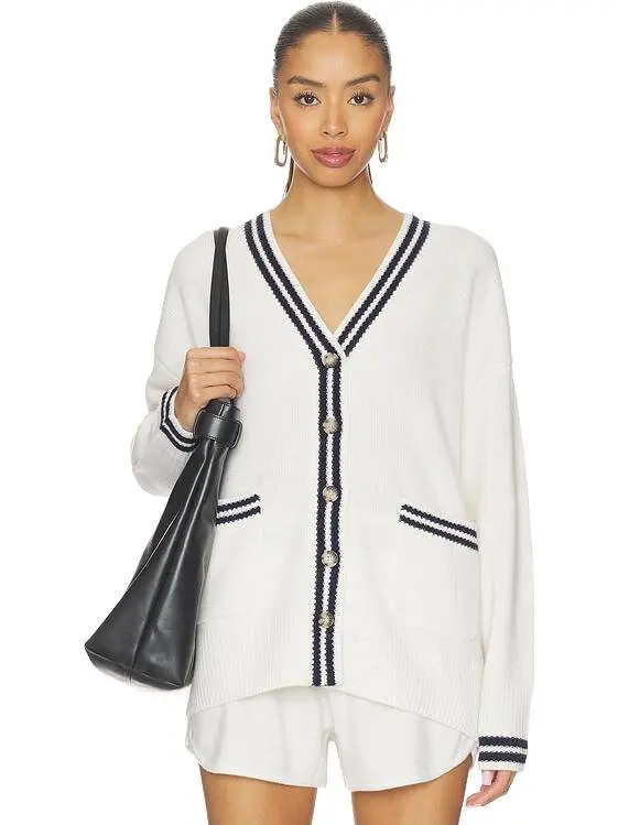 WHITE & WARREN Cashmere Varsity Cardigan - Soft White & Deep Navy