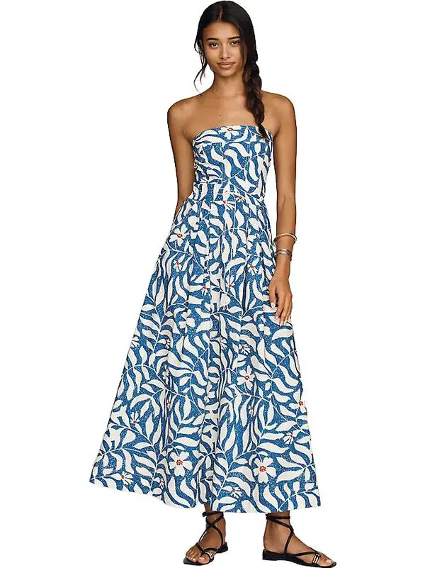 Maeve Strapless Waisted Maxi Dress - Blue & White Floral