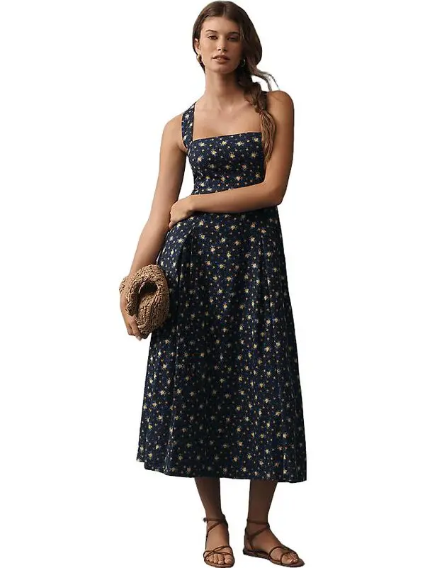 Maeve Printed A-line Halter Midi Dress - Navy