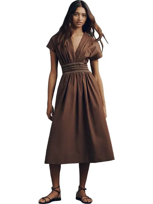 Anthropologie Smocked Cotton Poplin Midi Dress - Brown
