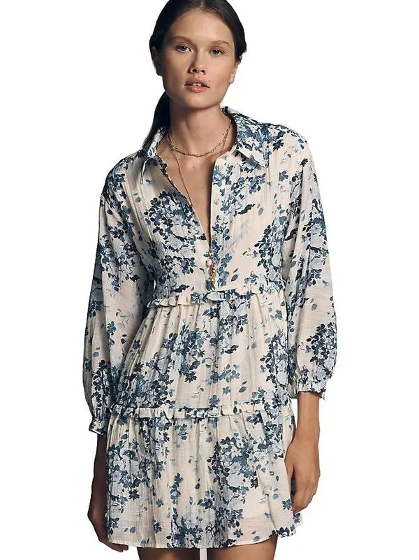 Maeve The Bettina Tiered Mini Shirt Dress - Blue Floral