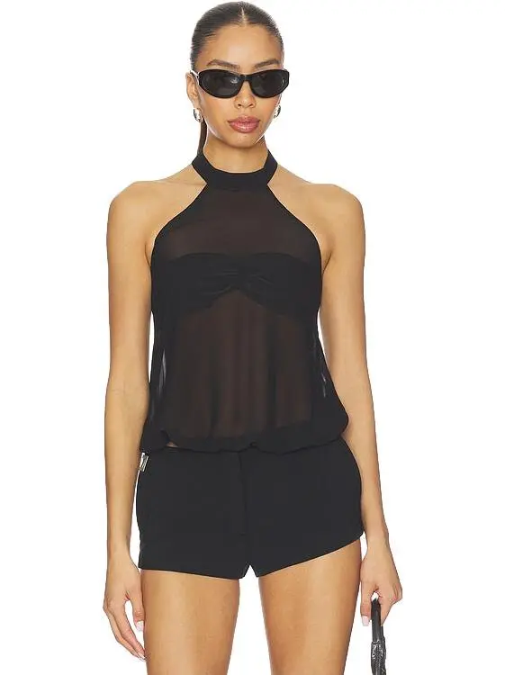 NIIHAI Halterneck Chiffon Top With Faux Leather Bralette - Black