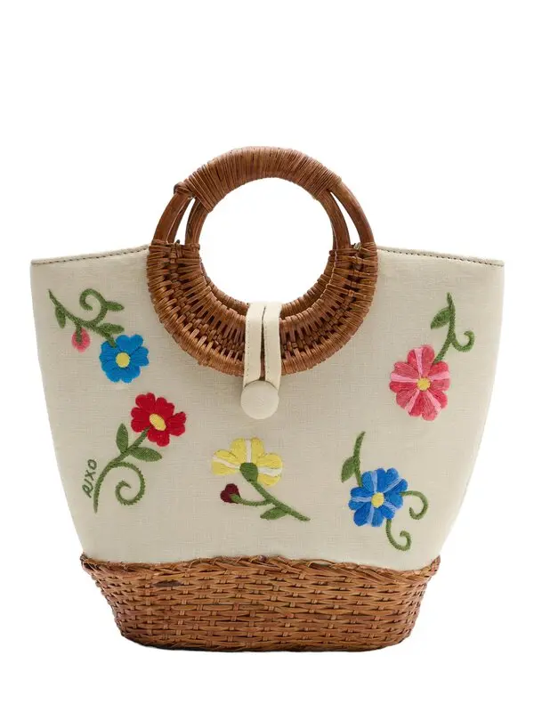 Rixo Floral Embroidered Linen Handbag - Cream