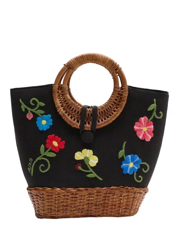 Rixo Floral Embroidered Linen Bag With Wicker Base - Black
