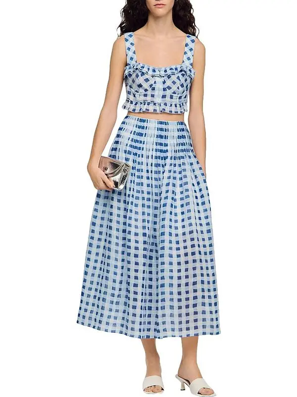 Sandro Poppy Gingham Linen Blend Maxi Skirt - Blue / White