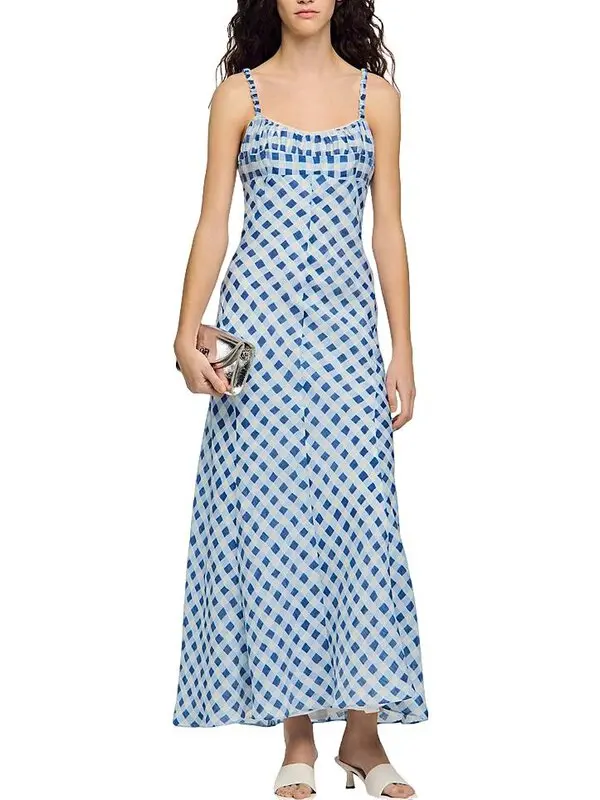 Sandro Colette Gingham Lace Up Maxi Dress - Blue / White