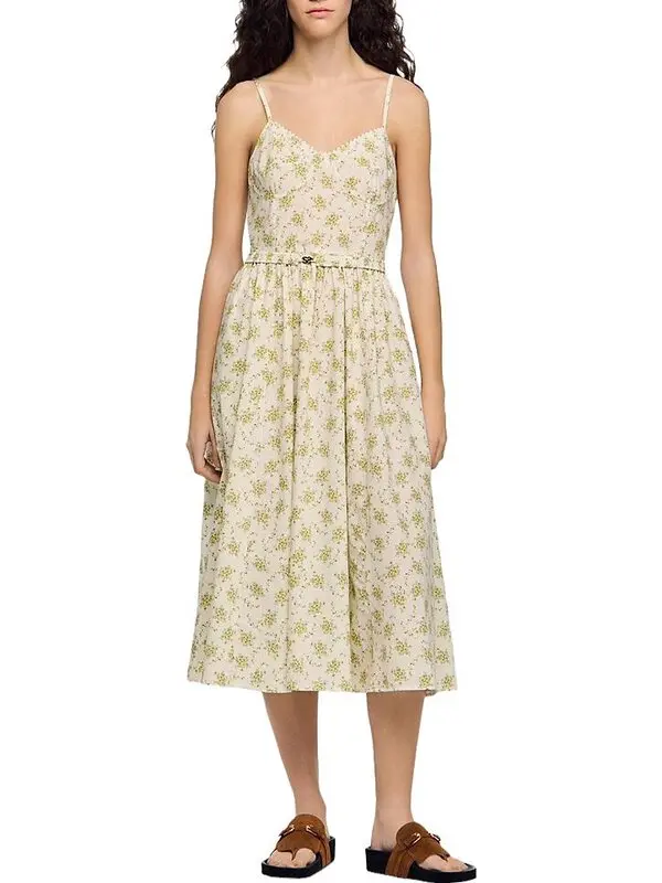 Sandro Lucette Floral Sweetheart Midi Dress - Olive / Ecru
