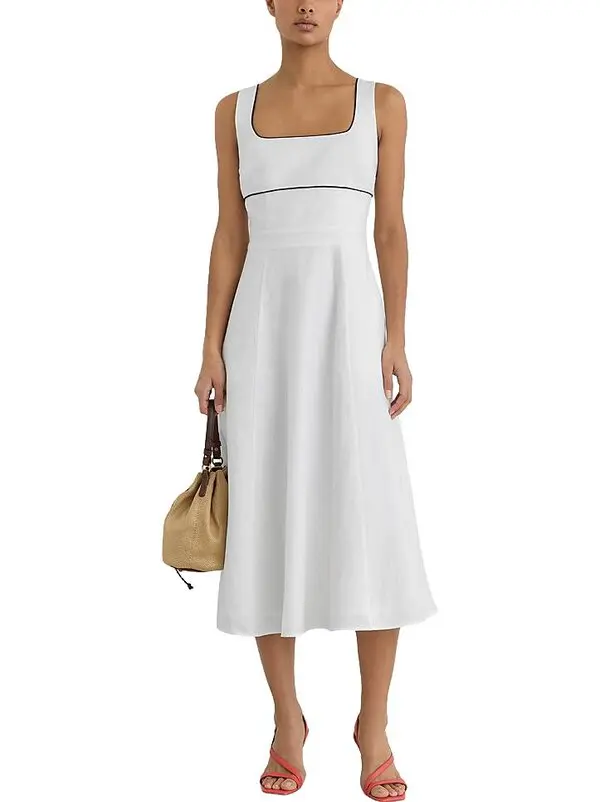 REISS Dorothea Contrast Trim Linen Dress - Ivory