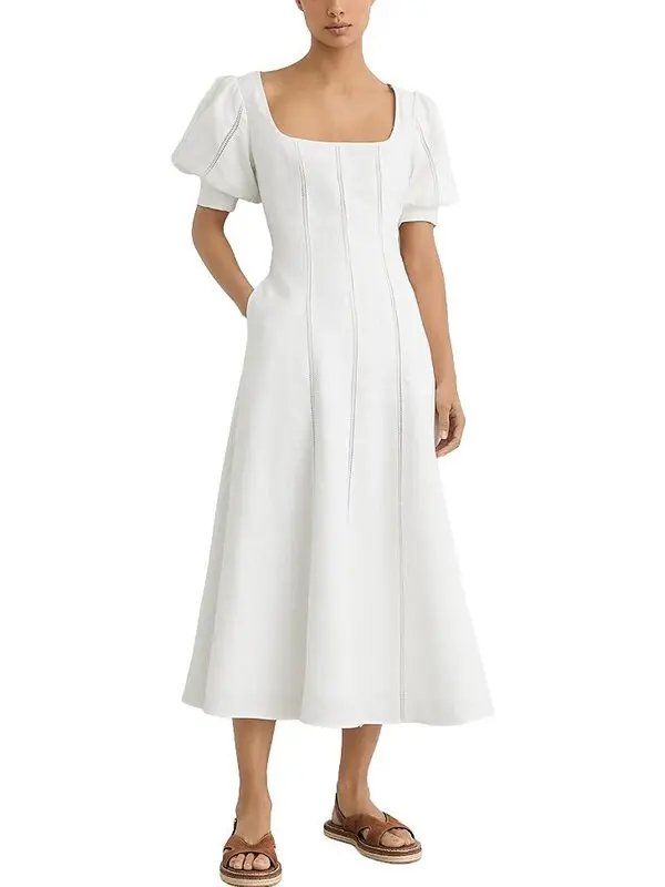 REISS Linen Puff Sleeve Midi Dress - Ivory