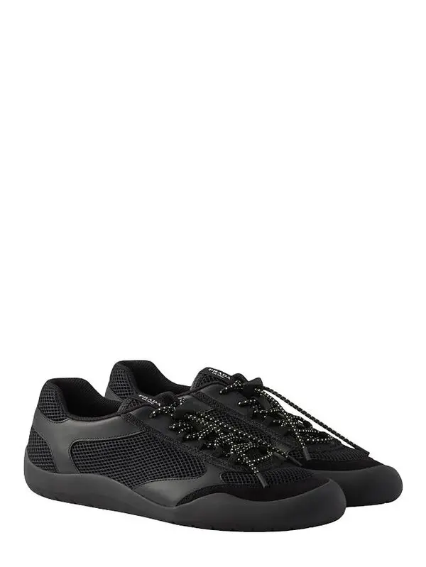 Prada Speedrock Leather And Mesh Fabric Lace-up Sneakers - Black