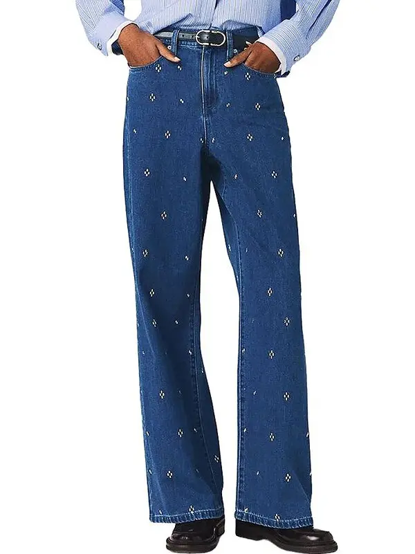 Maje Pant In City Rhinestone Wide Jeans - Blue
