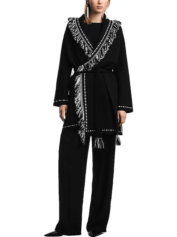 Emporio Armani Fringe Hem Tie Belt Cardigan - Black/beige