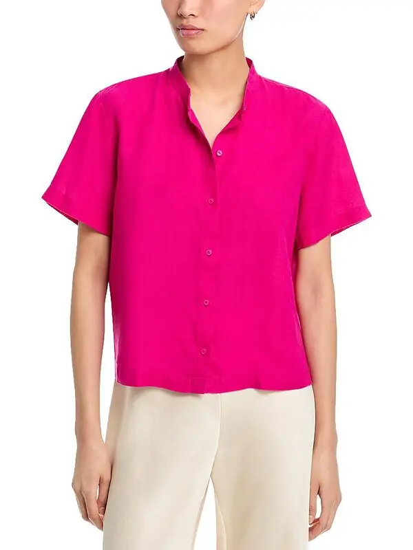 Eileen Fisher Mandarin Collar Short Sleeve Shirt - Fuschia