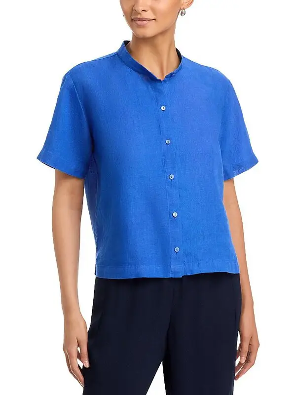 Eileen Fisher Mandarin Collar Short Sleeve Shirt - Sapphire