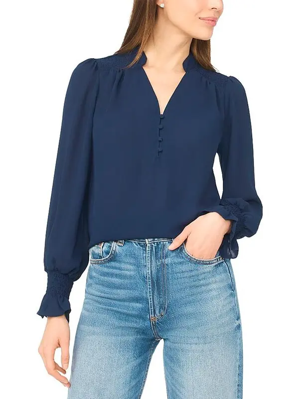 CECE DUPRAZ Half Placket Smocked Top - Classic Navy