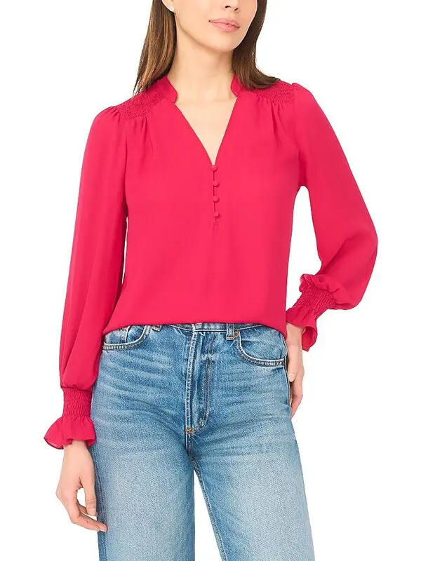 CECE DUPRAZ Half Placket Smocked Top - Rose Cerise
