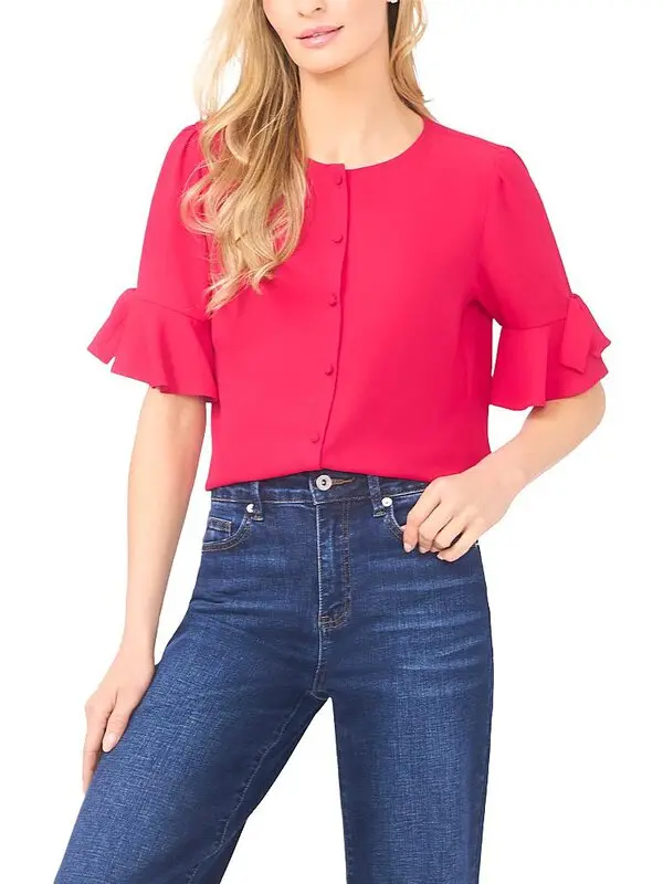 CECE DUPRAZ Flounce Elbow Bow Sleeve Top - Rose Cerise