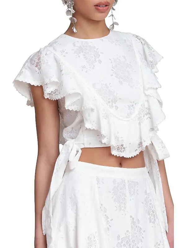 Avec Les Filles Lace Ruffle Top With Side Bows - White