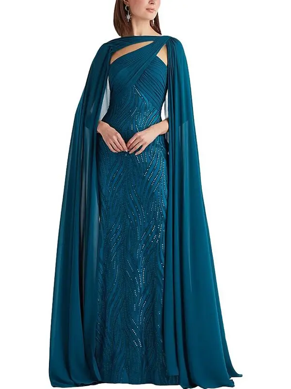 Tadashi Shoji Tullett Sequin Embroidered Cape Gown - Starry Night