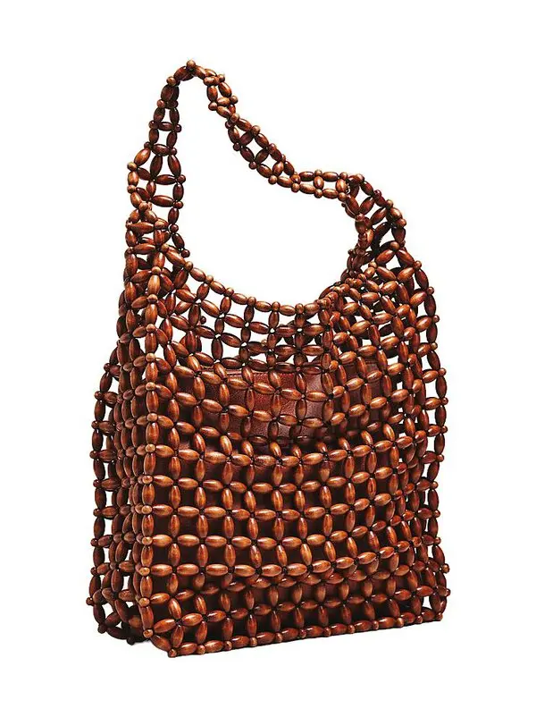 Anthropologie Wood Beaded Shoulder Tote - Tan