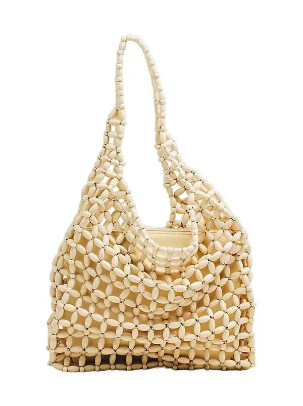 Anthropologie Wood Beaded Shoulder Tote - White