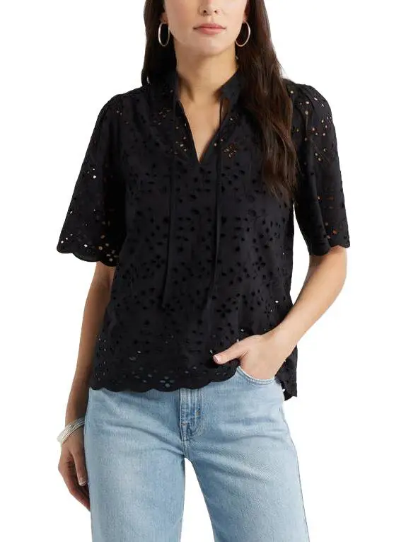 Caslon Eyelet Split-neck Top - Black