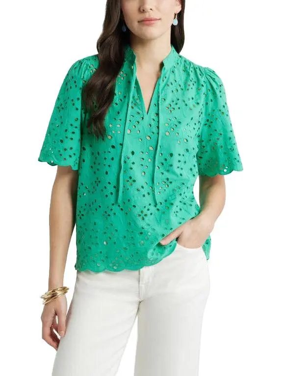 Caslon Eyelet Split-neck Top - Green Ease