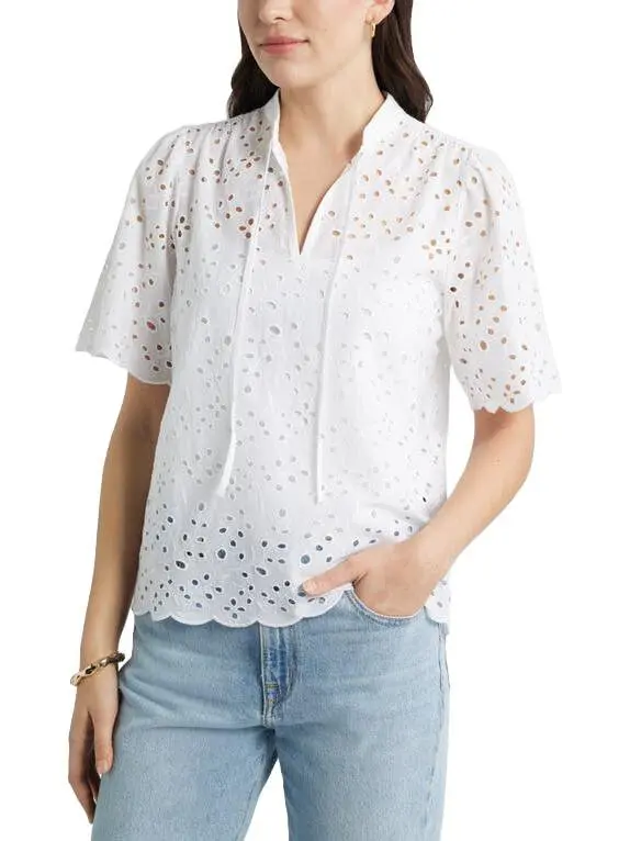 Caslon Eyelet Split-neck Top - White
